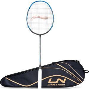 Li-Ning 3D Calibar X Combat Carbon Graphite Badminton Strung Racquet (85 Grams, 30 Lbs String Tension) and Full Cover (Charcoal/Blue)