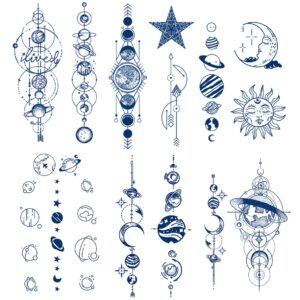 semi-permanent planet temporary tattoos, 6-sheet 2 weeks long last waterproof moon star sun tattoos, plant-based ink tattoos sticker