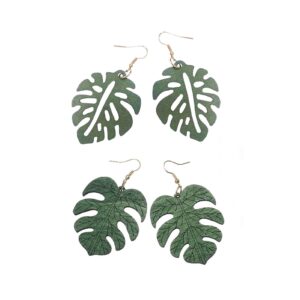 2 pairs natural wooden monstera leaves stud earring for women tropical plant palm leaf african earrings handmade ethnic jewelry-green