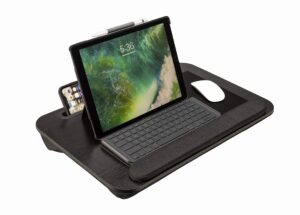 prestige import group portable lap desk with built-in mouse pad, wrist pad, tablet holder, cushioned bottom in black oak - fits up to 17" laptops