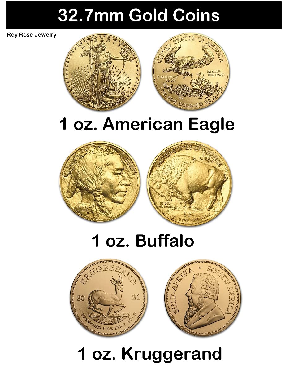 Roy Rose Jewelry Gold Coin Mounting | U.S. American Gold Eagle or Buffalo | 32.7mm | Screw Top | Plain, Reeded Edge, Diamond-cut Fancy Bezel Pendant Frames | Solid 14K Gold