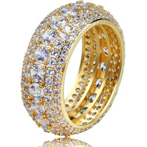 apzzic 10mm iced out gold plated 5 row cubic zirconia diamond hip hop eternity band engagement ring for men women gold size 9