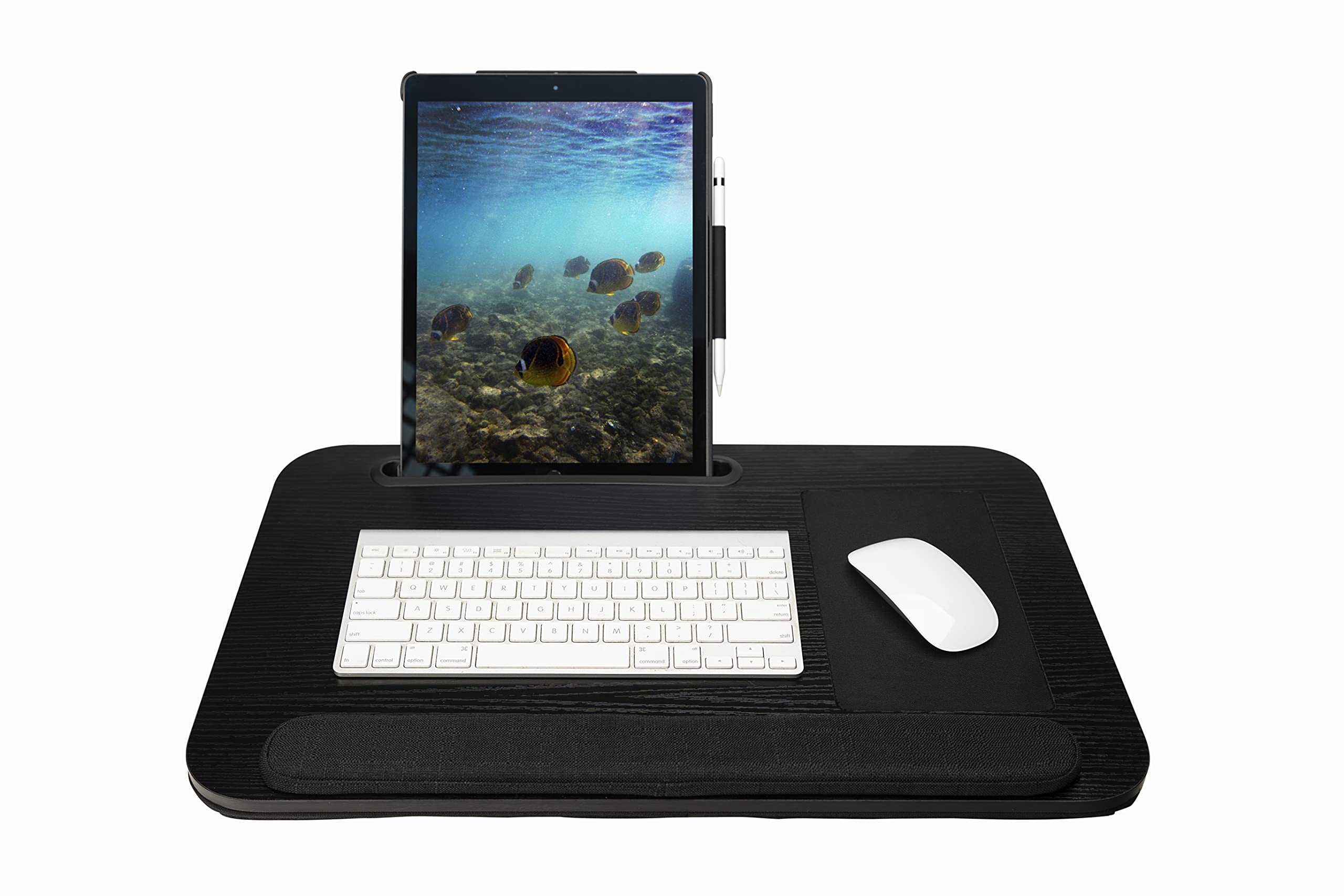 Prestige Import Group Portable Lap Desk with Built-in Mouse Pad, Wrist Pad, Tablet Holder, Cushioned Bottom in Black Oak - Fits up to 17" Laptops