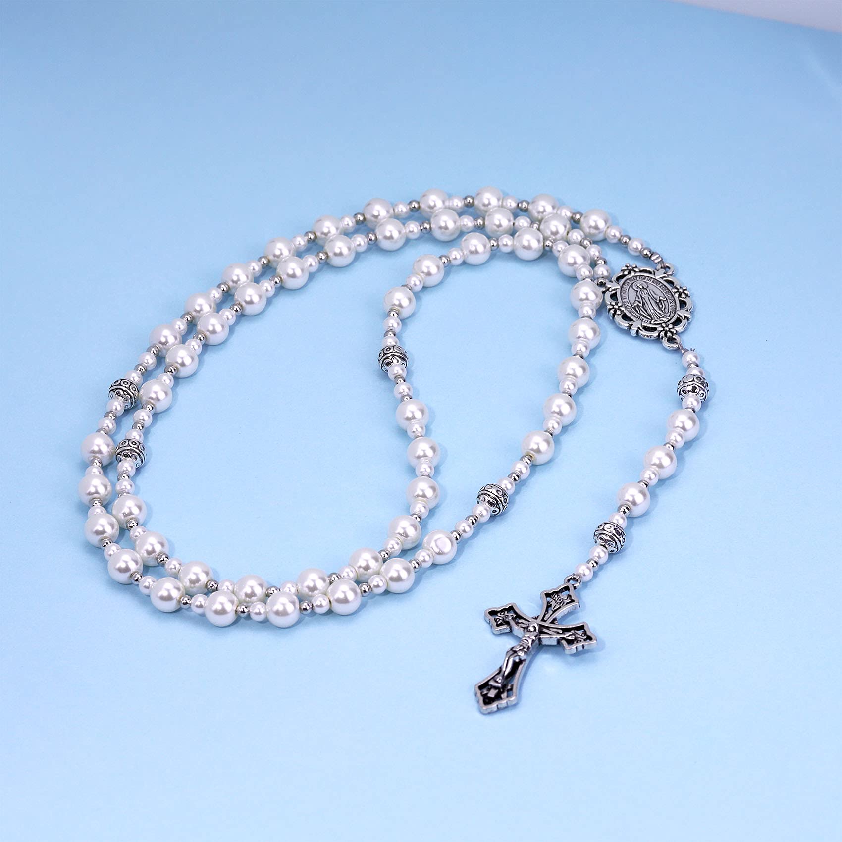 Catholic Pearl Beads Rosary for Women, Simulated White Pearl Beads Rosary Necklace Miraculous Medal & Cross