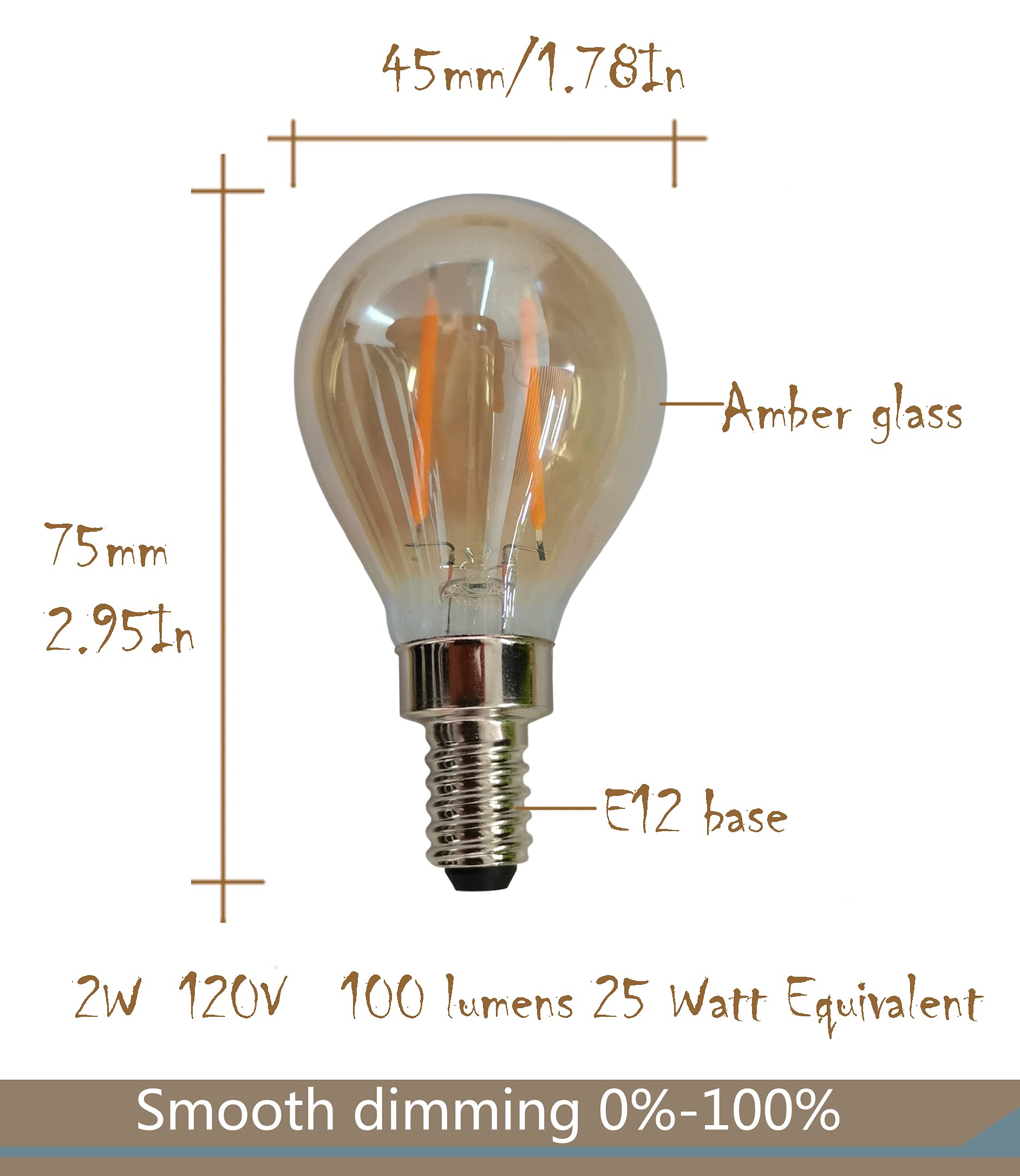 CTKcom 2 Watt G45/G14 E12 Base LED Bulbs, Amber Glass Vintage Antique Dimmable led Bulb 120V 2200K Warm White 100 lumens 25 Watt Equivalent,4 Pack