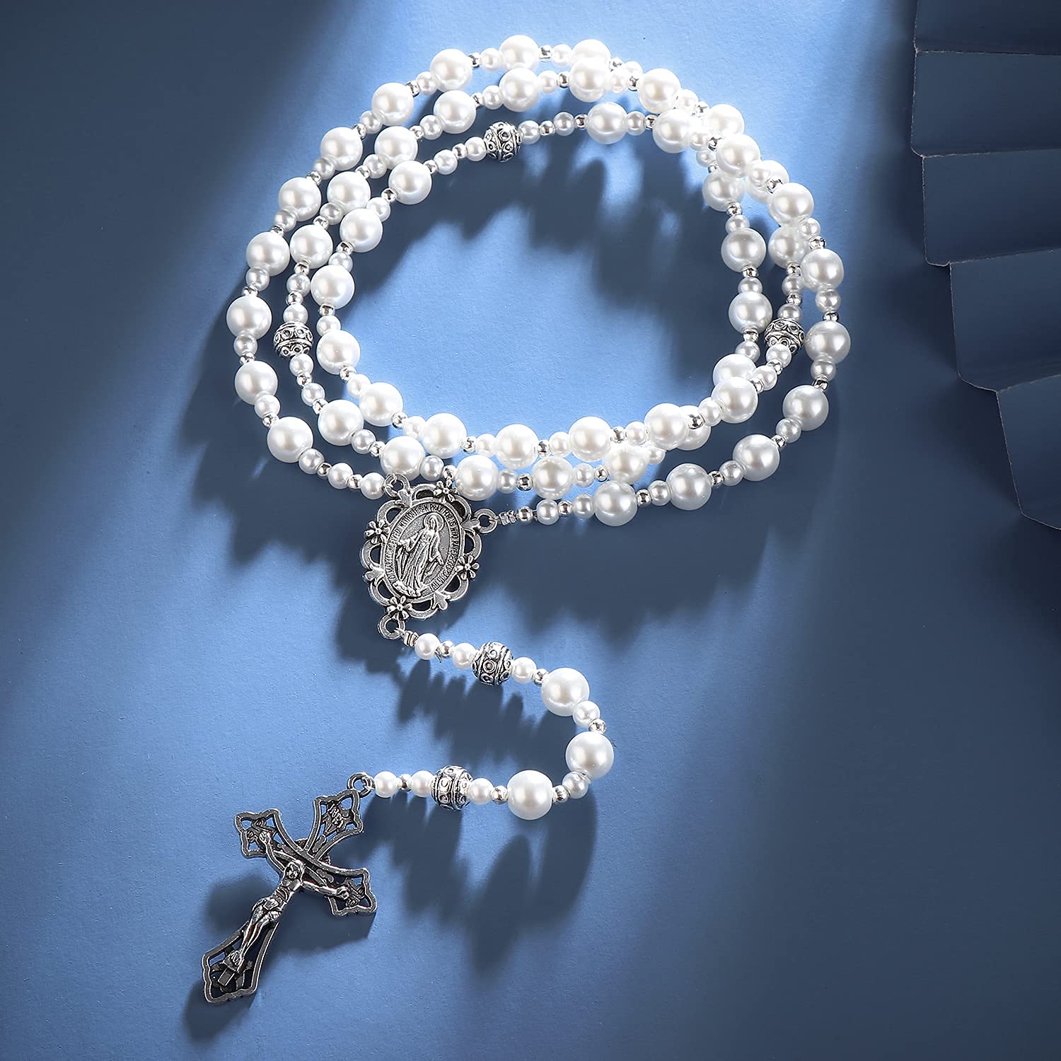 Catholic Pearl Beads Rosary for Women, Simulated White Pearl Beads Rosary Necklace Miraculous Medal & Cross