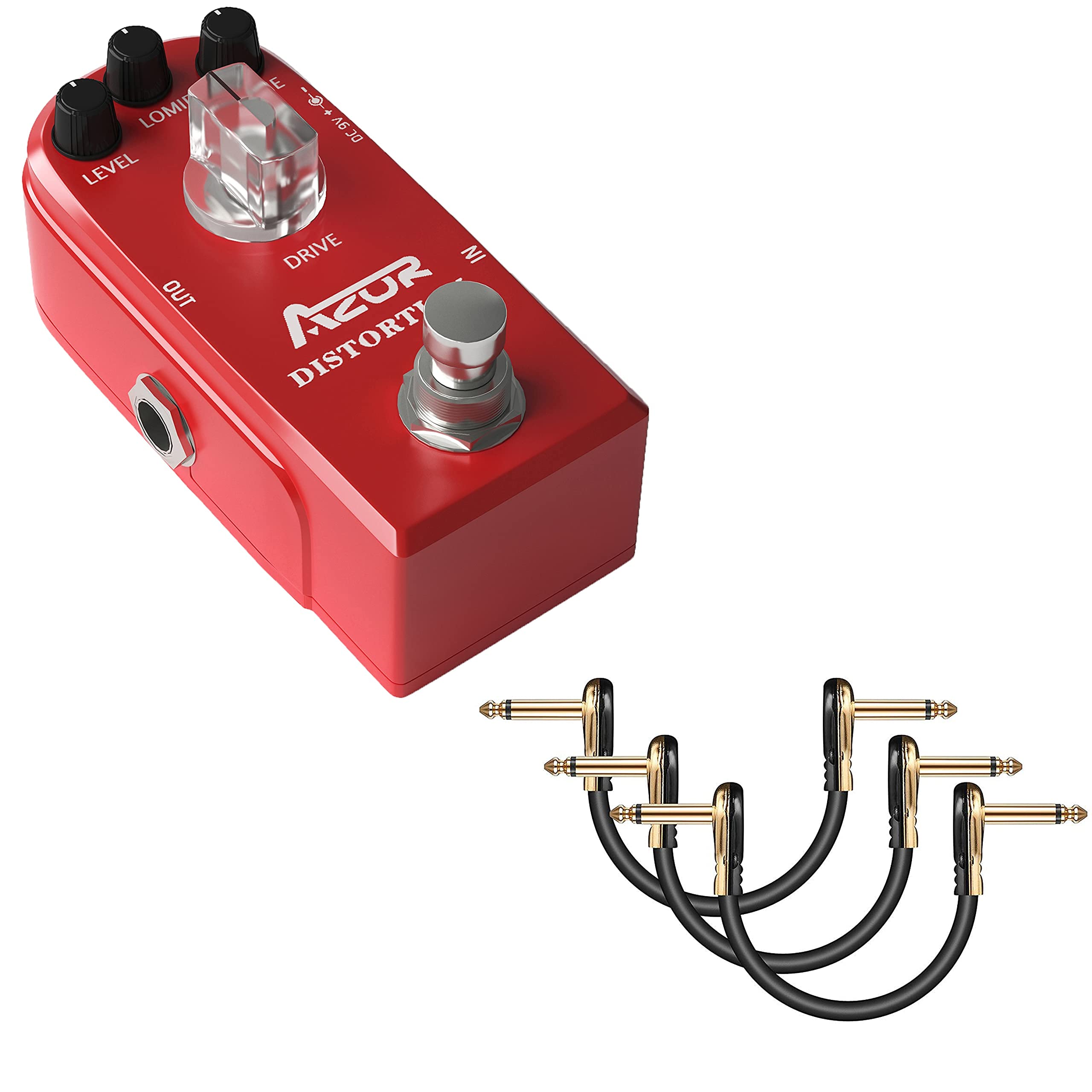 AZOR Vintage Distortion Guitar Effect Pedal with Guitar Effect Pedal Cables 3 Pack (Gold)