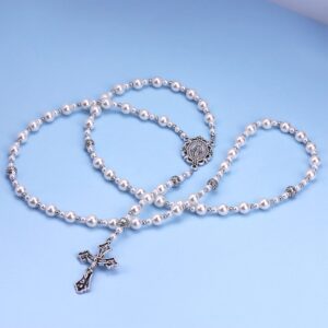 Catholic Pearl Beads Rosary for Women, Simulated White Pearl Beads Rosary Necklace Miraculous Medal & Cross