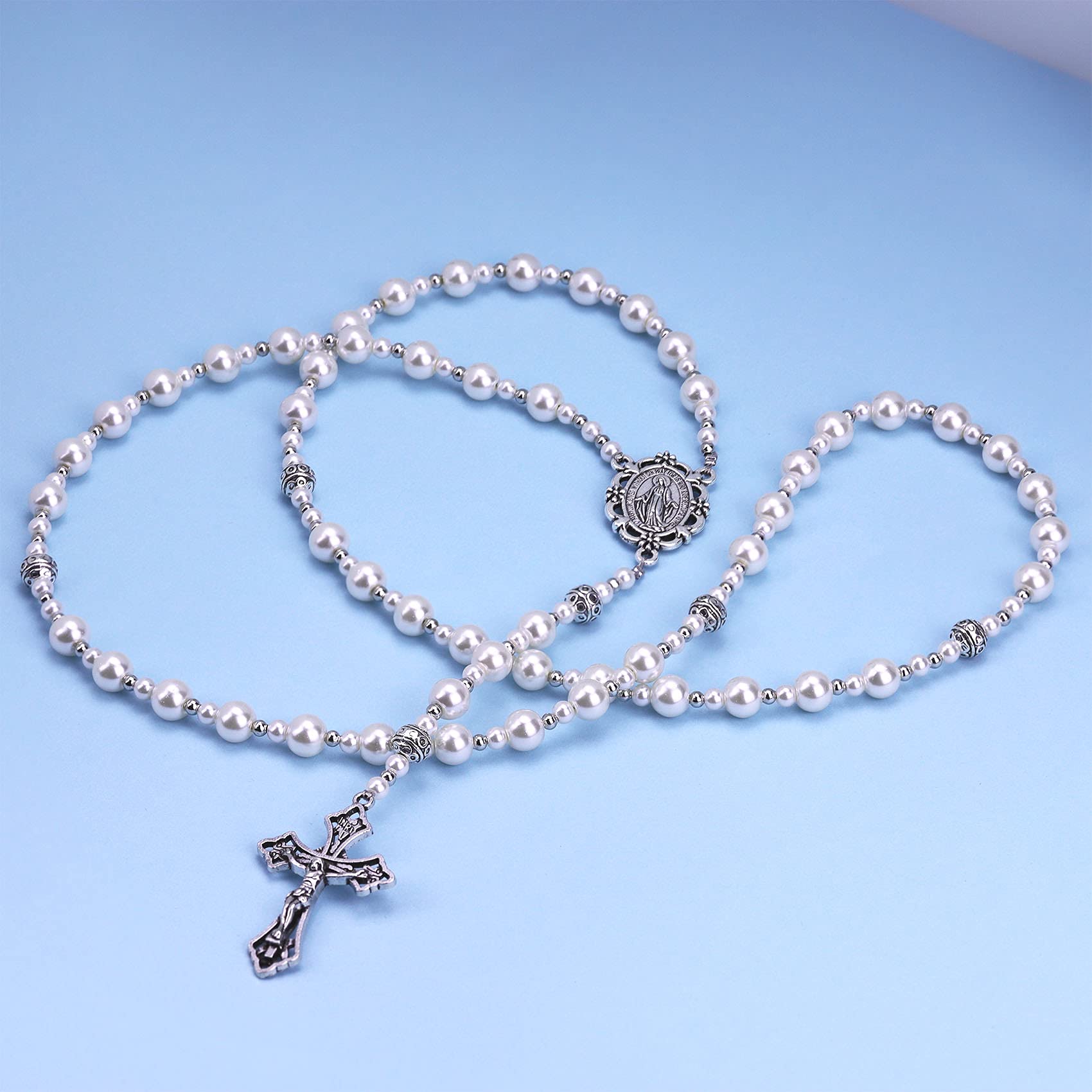 Catholic Pearl Beads Rosary for Women, Simulated White Pearl Beads Rosary Necklace Miraculous Medal & Cross