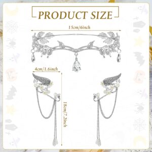 Hicarer 3 Pcs Halloween Rhinestone Leaf Headband Metal Elf Ears Cuffs Fairy Costume Crown Cosplay Accessories for Women(Silver)