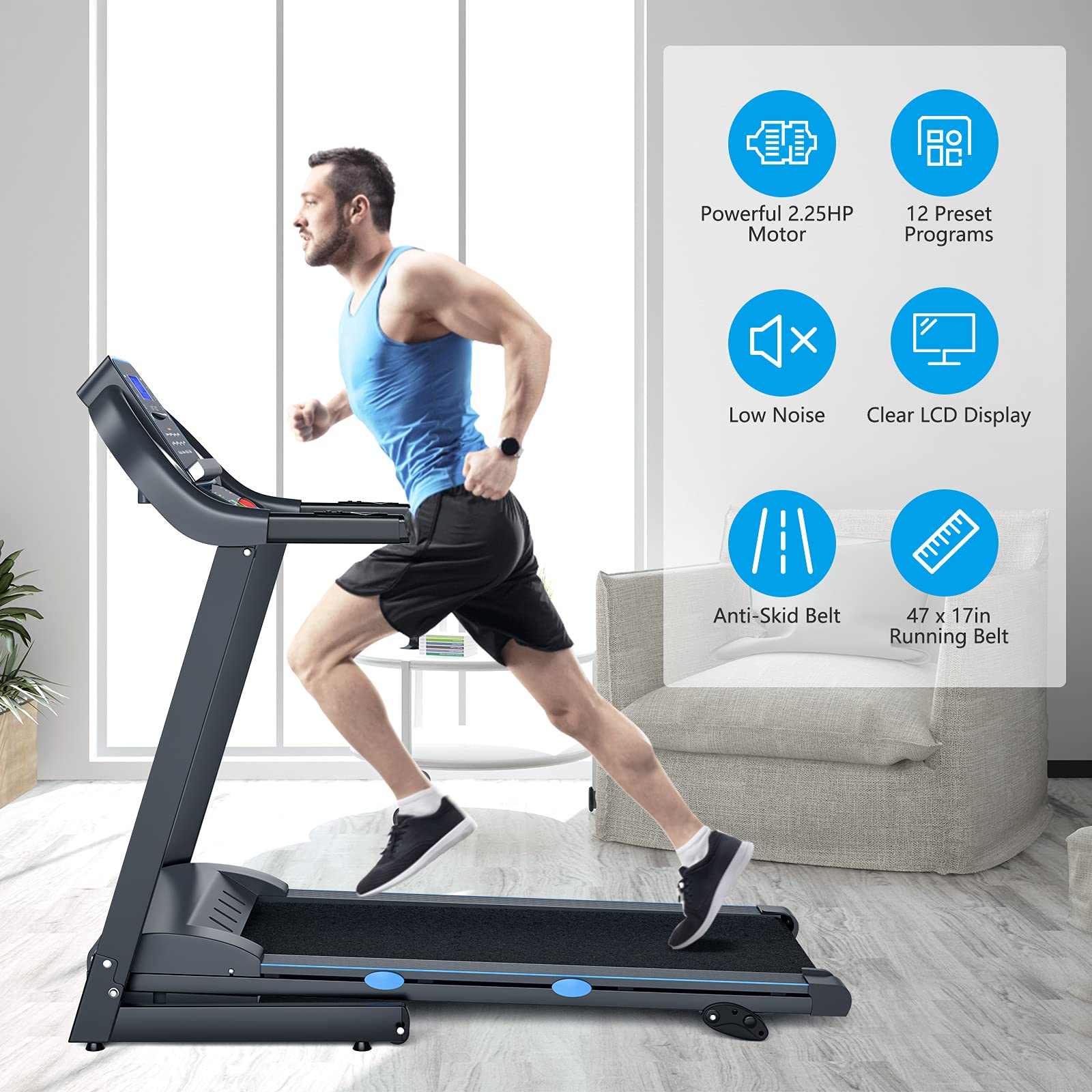 GYMAX Foldable Treadmill, 2.25HP Manual Incline Running Machine with LCD Display, 12 Preset Programs & Heart Rate Monitor, 17inch Wide Running Machine for Cardio Training, Home Gym Exercise Workout