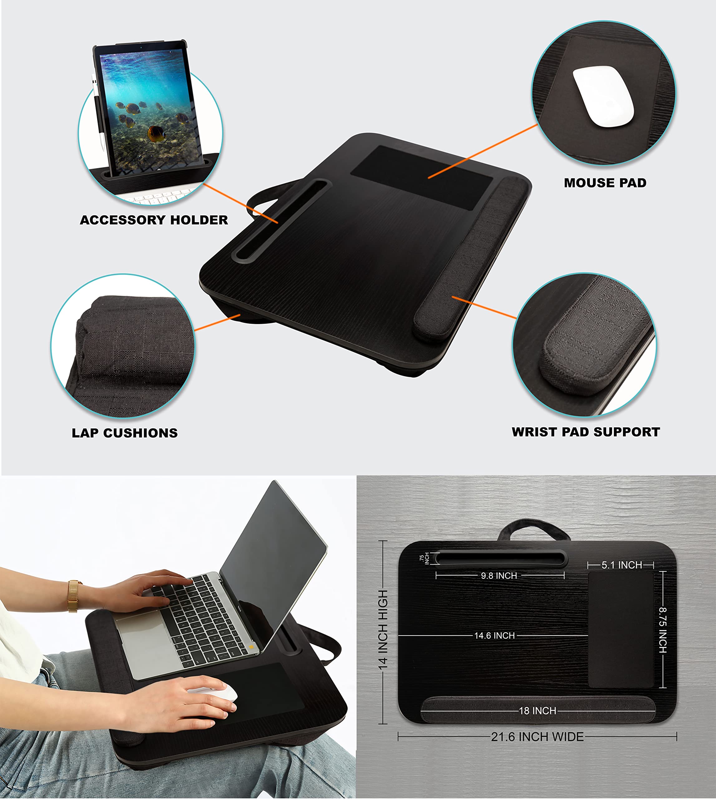 Prestige Import Group Portable Lap Desk with Built-in Mouse Pad, Wrist Pad, Tablet Holder, Cushioned Bottom in Black Oak - Fits up to 17" Laptops