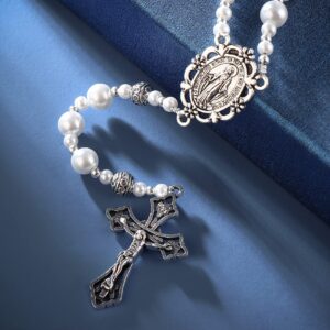 Catholic Pearl Beads Rosary for Women, Simulated White Pearl Beads Rosary Necklace Miraculous Medal & Cross