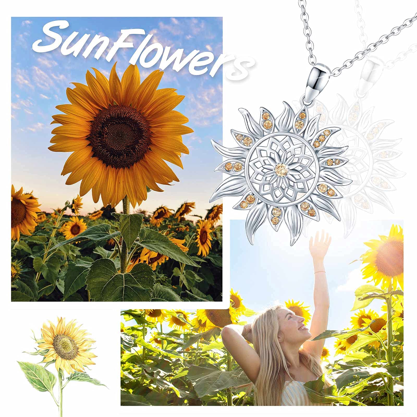 AOVEAO Sunflower Necklace S925 Sterling Silver Sunflower Jewelry Sunflower Pendant Summer Jewelry For Women