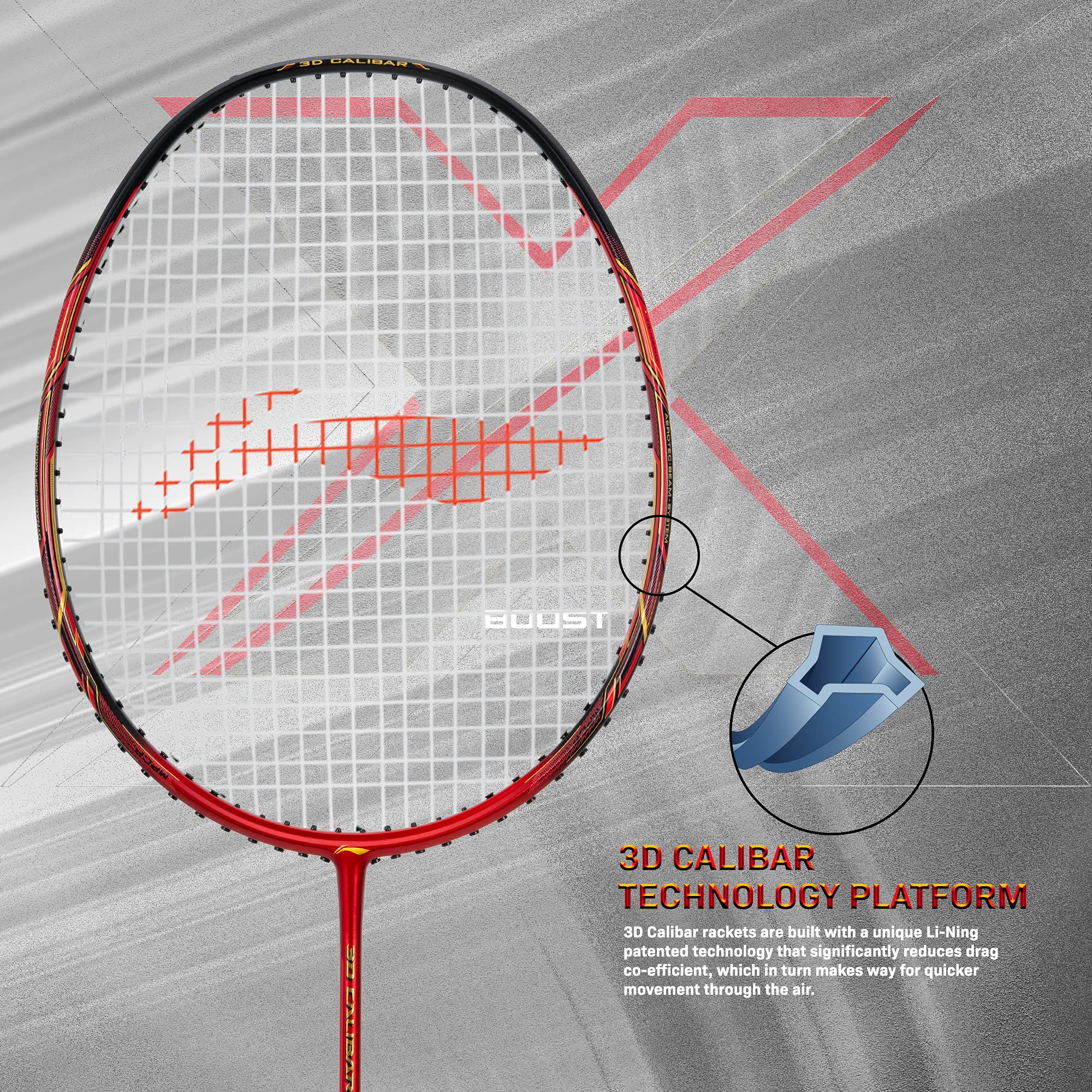 3D Calibar X Boost Carbon Graphite Strung Racquet, 83 Grams, 30 Lbs String Tension and Free Full cover(Red/Black)