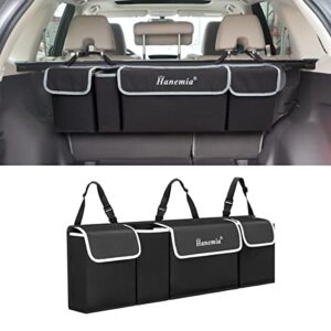 car trunk organizer and storage, backseat hanging organizer for suv, truck, mpv, waterproof, collapsible cargo storage bag with 4 pockets, car interior accessories for men and women (black)