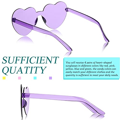 TOODOO 4 Pieces Heart Shape Rimless Sunglasses Transparent Candy Color Party Eyewear()