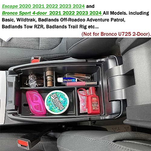 TACOBRO Center Console Organizer Tray Compatible with Ford Escape 2020-2024 and 2021 2022 2023 2024 2025 Bronco Sport CX430 4-Door (Not for U725 2-Door) Secondary Storage Armrest Glove Box - Black