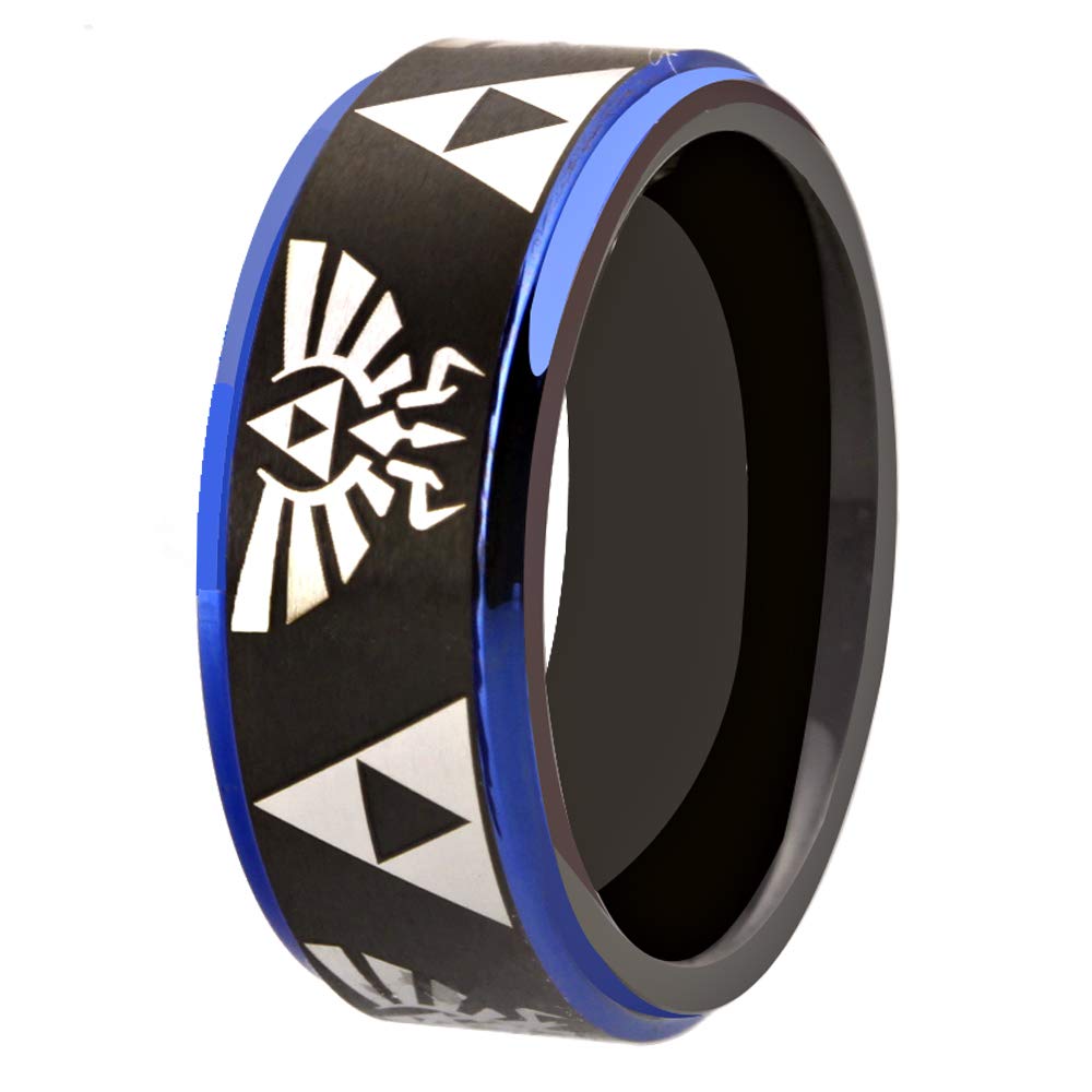 FREE Custom Engraving The Legend of Zelda Ring- Crest and Triforce Ring Black and Blue Step Tungsten Carbide Wedding Bands Ring (8mm width, 11)