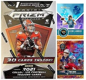 2021 panini prizm football draft picks factory sealed unopened blaster box w/30 cards including 1 purple wave prizm - look for trevor lawrence, justin fields, mac jones rookie cards! - include novelty trevor lawrence and mac jones cards shown