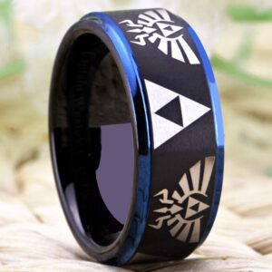 FREE Custom Engraving The Legend of Zelda Ring- Crest and Triforce Ring Black and Blue Step Tungsten Carbide Wedding Bands Ring (8mm width, 7)