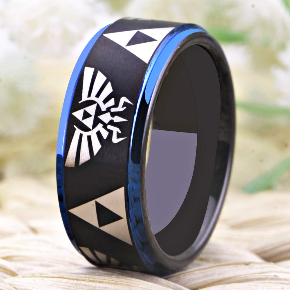 FREE Custom Engraving The Legend of Zelda Ring- Crest and Triforce Ring Black and Blue Step Tungsten Carbide Wedding Bands Ring (8mm width, 7)