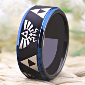 CLOUD DANCER The Legend of Zelda Ring - Crest and Triforce Ring Tungsten Wedding Bands Ring-FREE Custom Engraving (8mm Blue, 13)