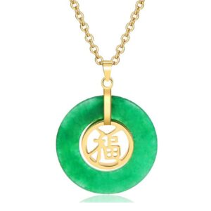 serynow natural translucent green jadeite pendant necklace jade donut circle good luck chinese fu character pendant necklace (fu)