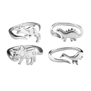 vangelady 4 pcs dinosaur rings sets jurassic era dinosaur statement ring adjustable knuckle band jewelry for women men girls, silver c