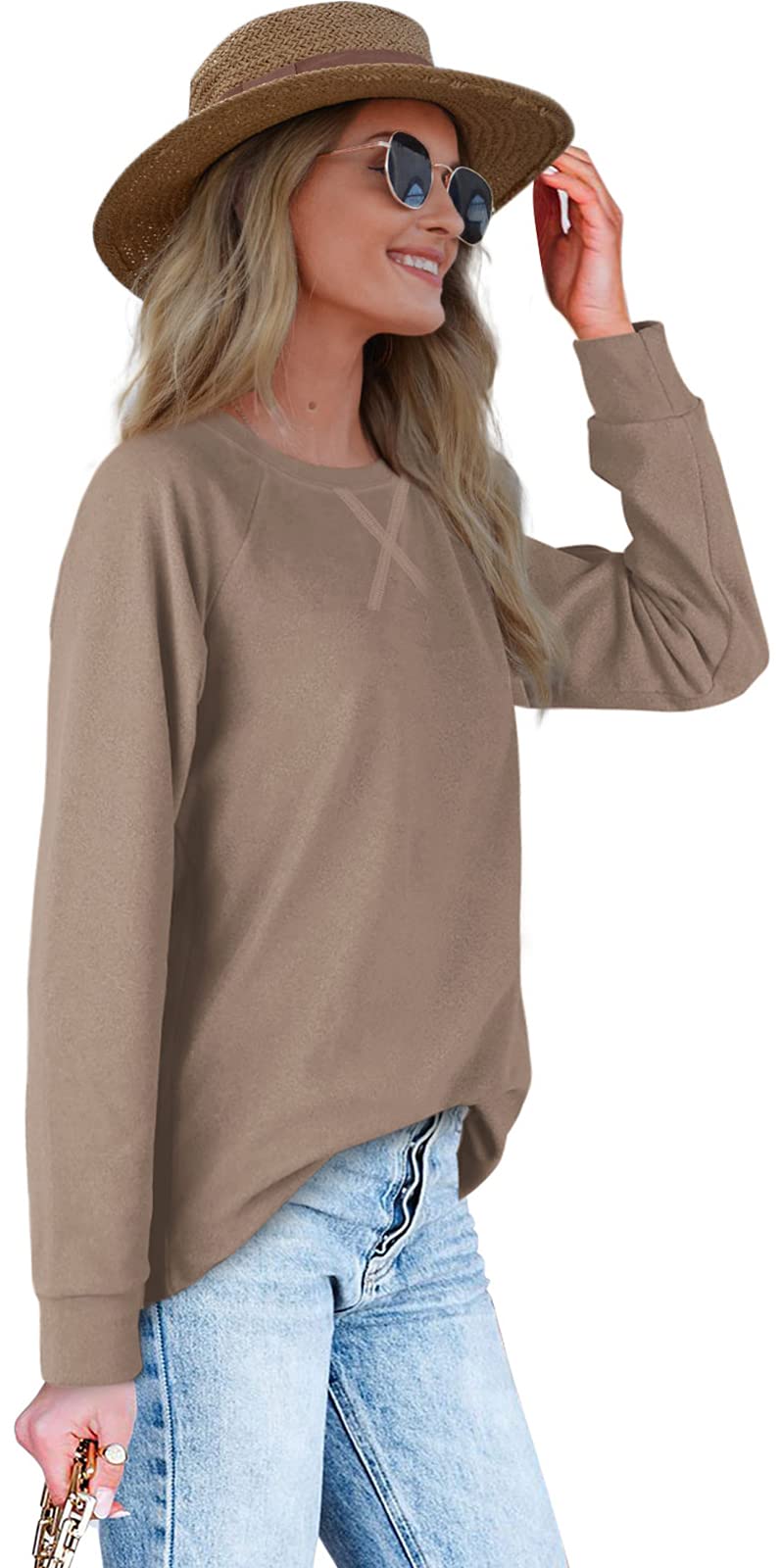 XIEERDUO Women's Sweatshirts Long Sleeve T Shirts For Women Loose Fit Coffee L