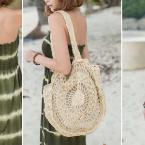 GK-O Lady Straw Tote Bags Round Handbag Crochet Wicker Rattan Boho Woven Beach Summer (Beige)