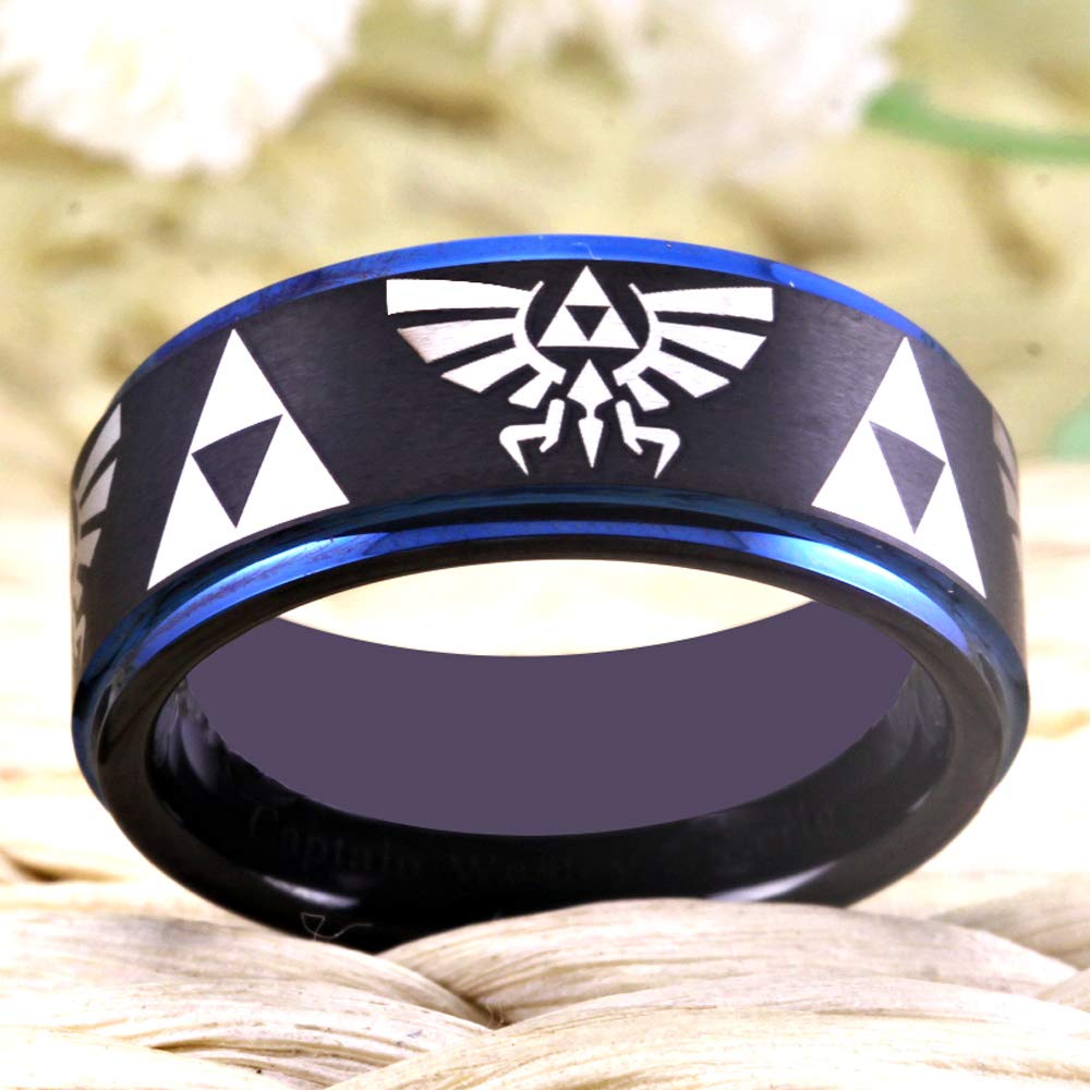 FREE Custom Engraving The Legend of Zelda Ring- Crest and Triforce Ring Black and Blue Step Tungsten Carbide Wedding Bands Ring (8mm width, 7)