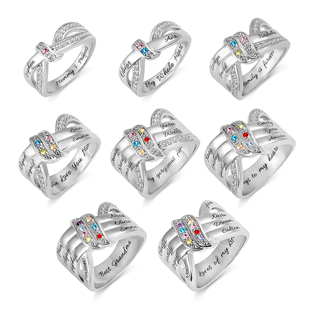 YCHZX Personalized 1-8 Birthstone Rings 925 Sterling Silver Heart Custom Engraved Name Ring Wedding Family Mother Days Birthday Aniversary Jewelry Gifts for Women Grandma Mom Her Daughter (Style 1)