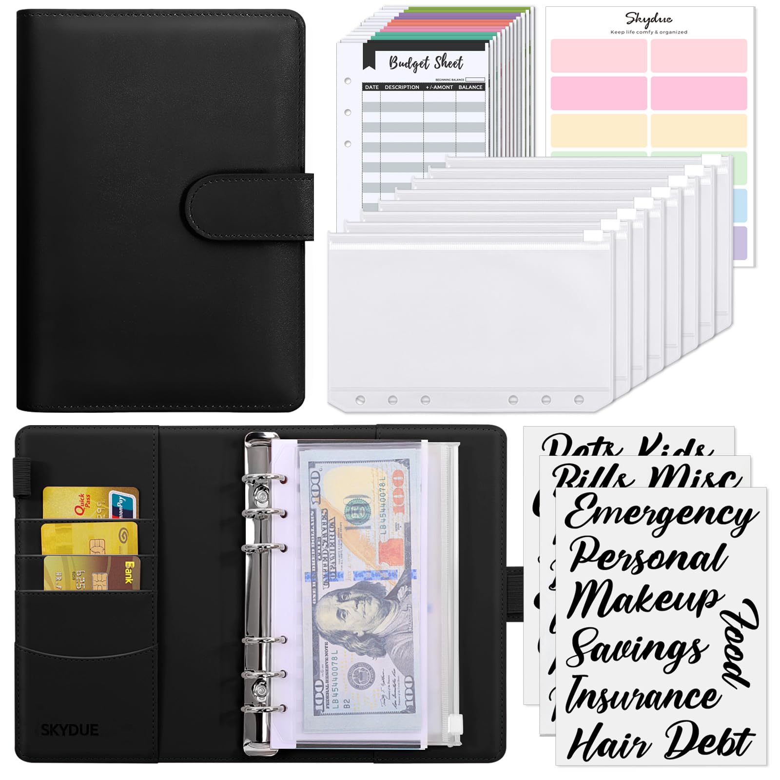 SKYDUE Budget Binder, Money Saving Binder with Zipper Envelopes, Cash Envelopes and Expense Budget Sheets for Budgeting