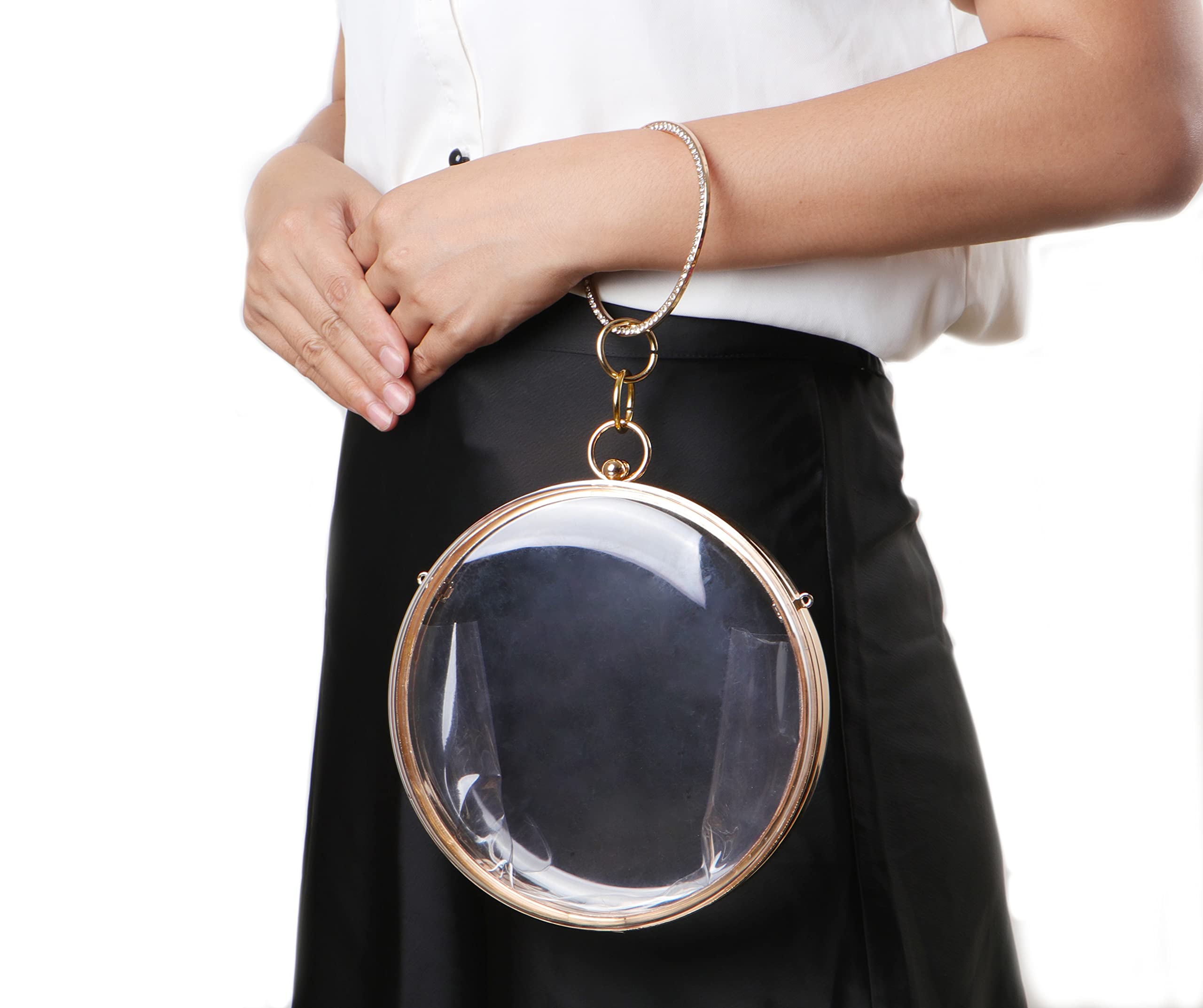 Cirilla Women Acrylic Transparent Round-Cake Clutch Evening Handbag Jeweled Ring Handle for Wedding Cocktail Party Banquet (clear)