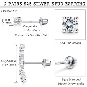 Sllaiss 2 Pairs Sterling Silver CZ Cartilage Stud Earrings Set for Women White Gold Plated Climber Helix Conch Daith Piercing with Screw Back (Silver)