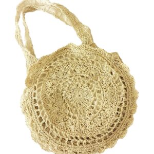 GK-O Lady Straw Tote Bags Round Handbag Crochet Wicker Rattan Boho Woven Beach Summer (Beige)