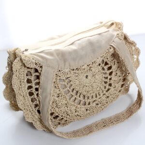 GK-O Lady Straw Tote Bags Round Handbag Crochet Wicker Rattan Boho Woven Beach Summer (Beige)