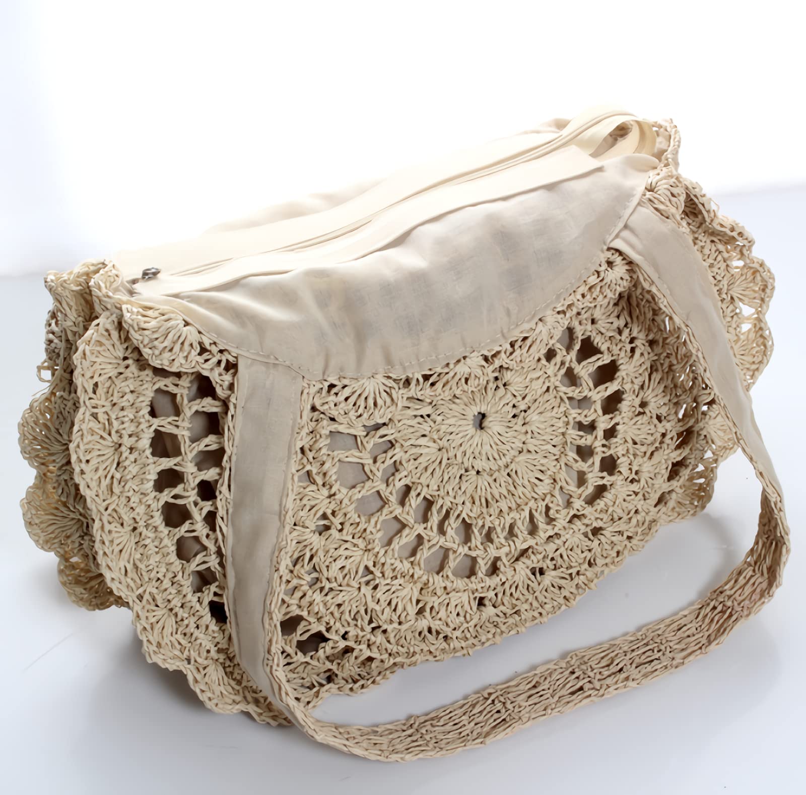 GK-O Lady Straw Tote Bags Round Handbag Crochet Wicker Rattan Boho Woven Beach Summer (Beige)