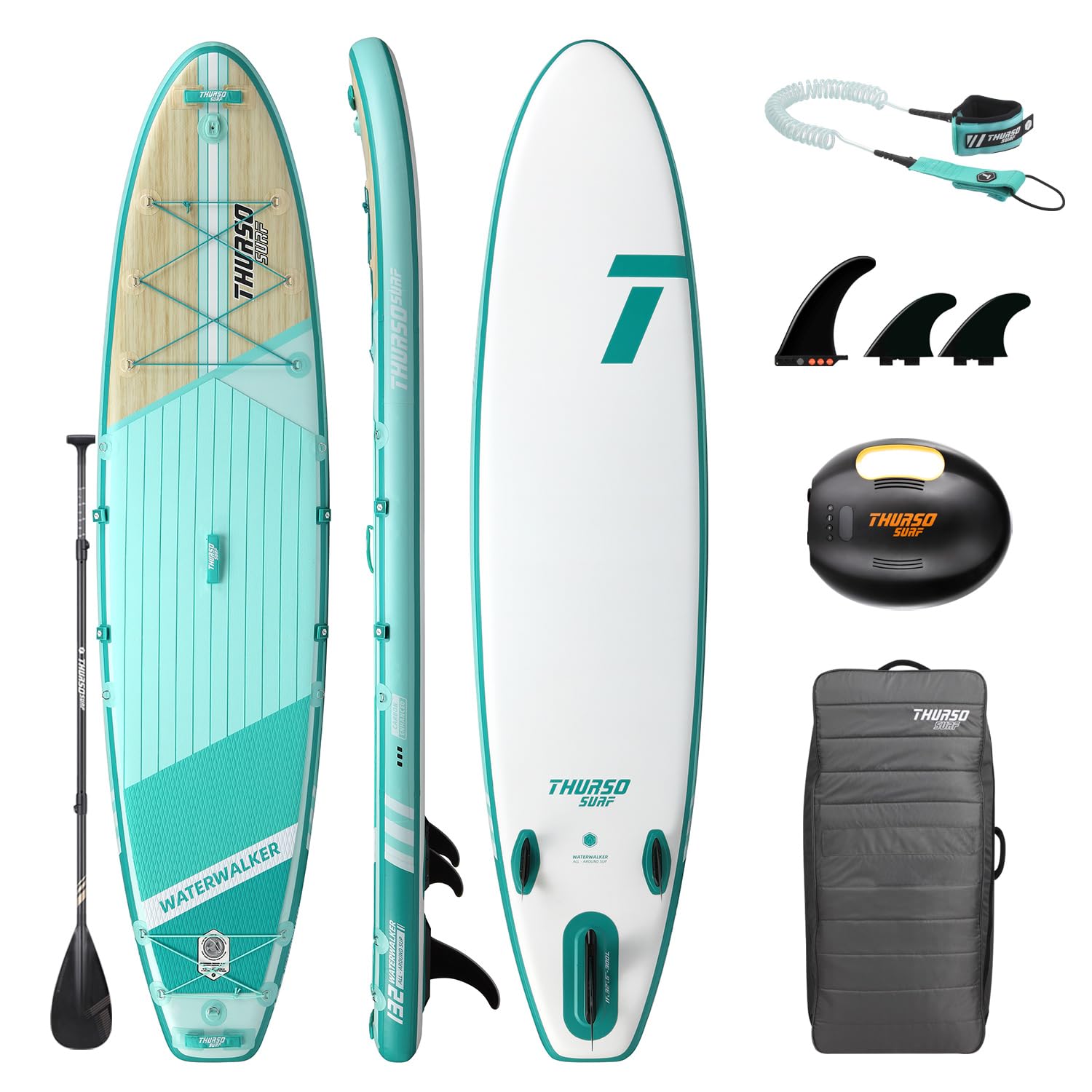 THURSO SURF Inflatable Stand Up Paddle Board All-Around SUP Waterwalker 132 11'×32''×6'' Deluxe Package | Carbon Shaft Paddle | Roller Backpack | Rechargeable Electric Pump | Coiled Leash (Turquoise)