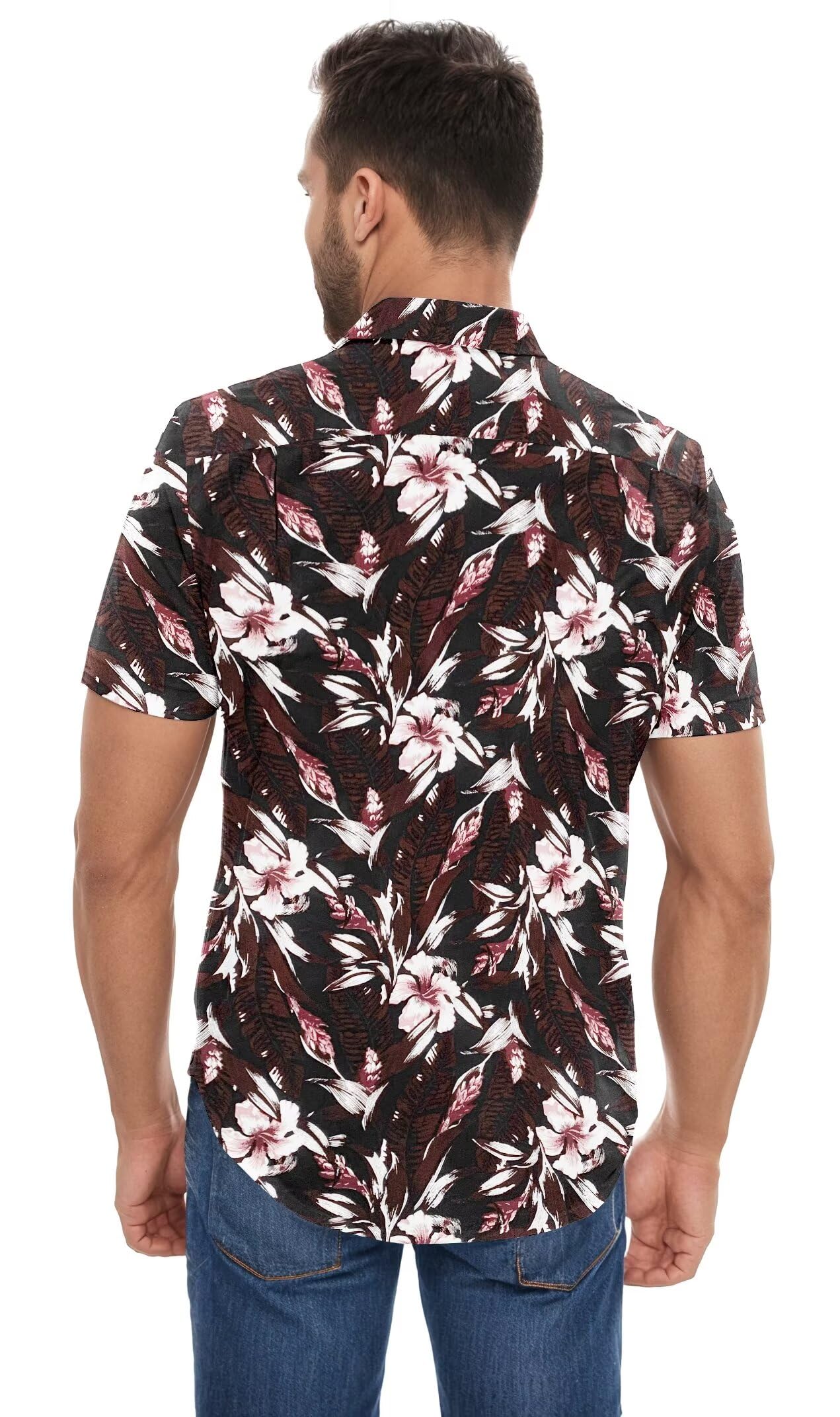 ETHANOL Men Classic Slim Fit Woven Short Sleeve Wrinkle Resistant Print Shirt MSTL46568-2444BRG Dark RED XL