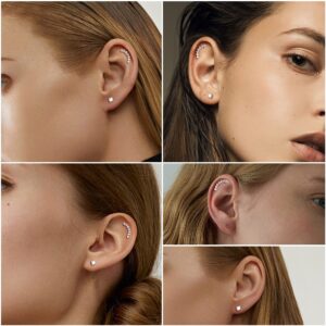 Sllaiss 2 Pairs Sterling Silver CZ Cartilage Stud Earrings Set for Women White Gold Plated Climber Helix Conch Daith Piercing with Screw Back (Silver)