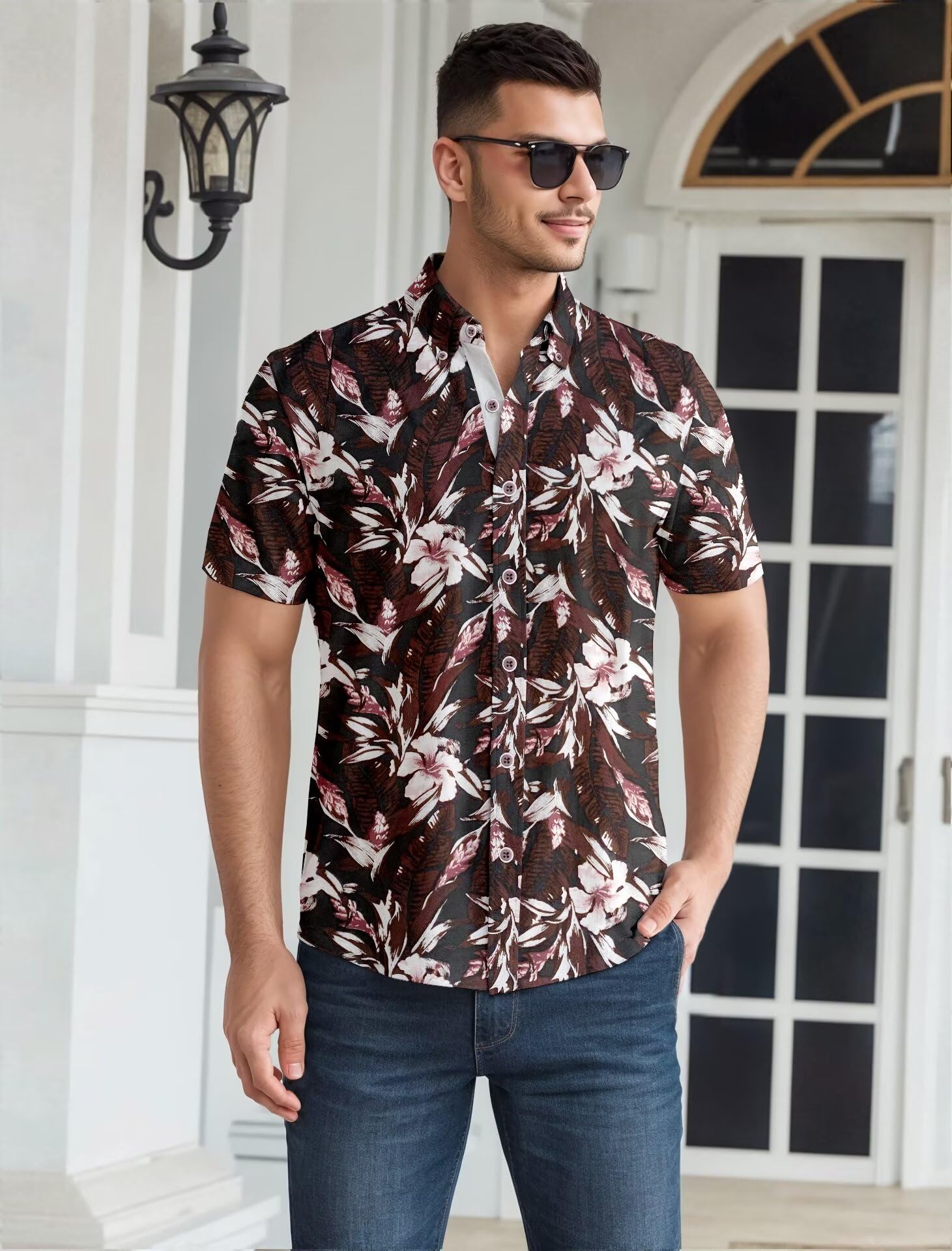 ETHANOL Men Classic Slim Fit Woven Short Sleeve Wrinkle Resistant Print Shirt MSTL46568-2444BRG Dark RED XL