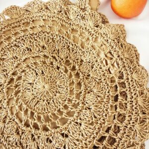 GK-O Lady Straw Tote Bags Round Handbag Crochet Wicker Rattan Boho Woven Beach Summer (Beige)