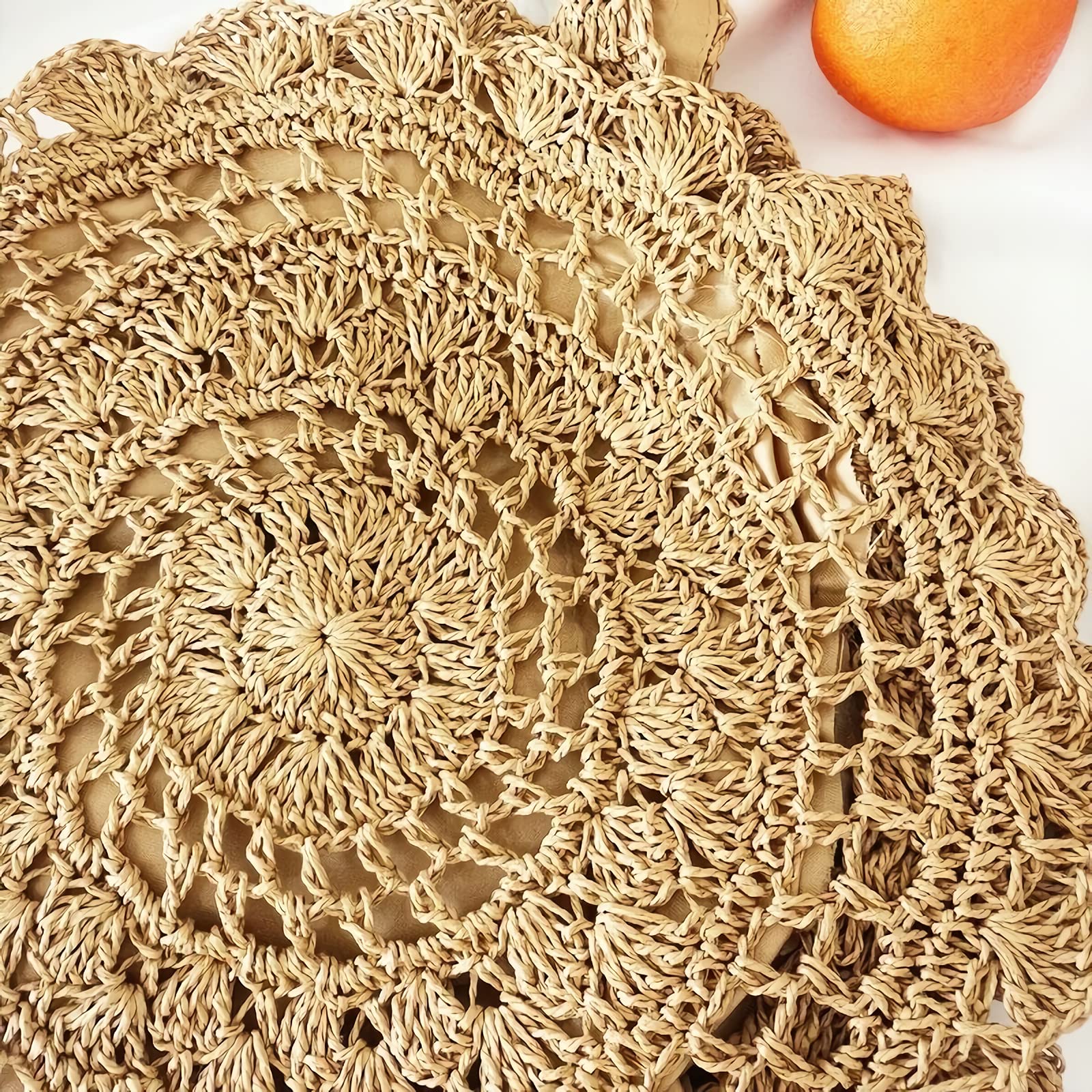 GK-O Lady Straw Tote Bags Round Handbag Crochet Wicker Rattan Boho Woven Beach Summer (Beige)