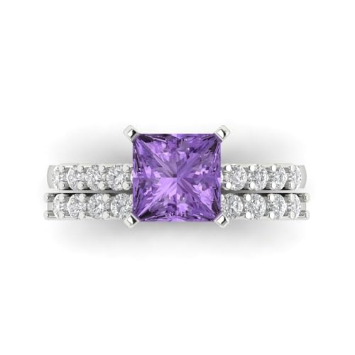 Clara Pucci 2.66ct Princess Cut Pave Solitaire Accent Created Alexandrite Engagement Anniversary Bridal Ring Band set 18K White Gold 3.5