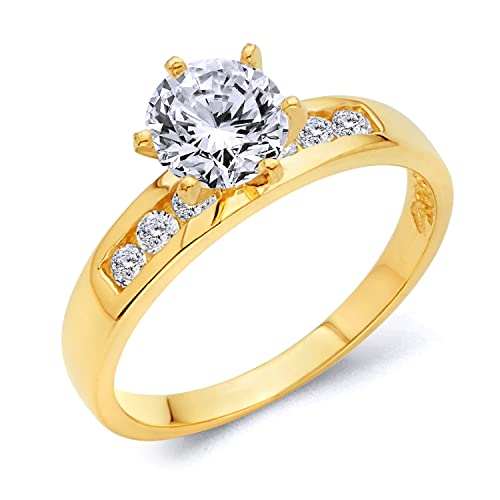 TWJC Ladies 14k Yellow Gold Engagement Ring and Wedding Band Bridal Set - Size 7.5(RG218EB)