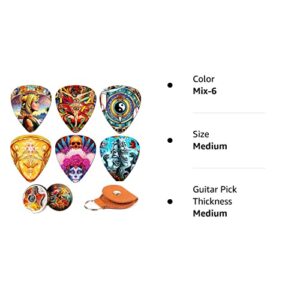 THIVENNY Guitar Picks 12 Medium Pack with Leather Picks Holder and Tin Box,Unique Artistic Celluloid Guitar Pick for Bass Electric Guitar Acoustic Guitar Lovers Gift (Mix-6) (1002-1)