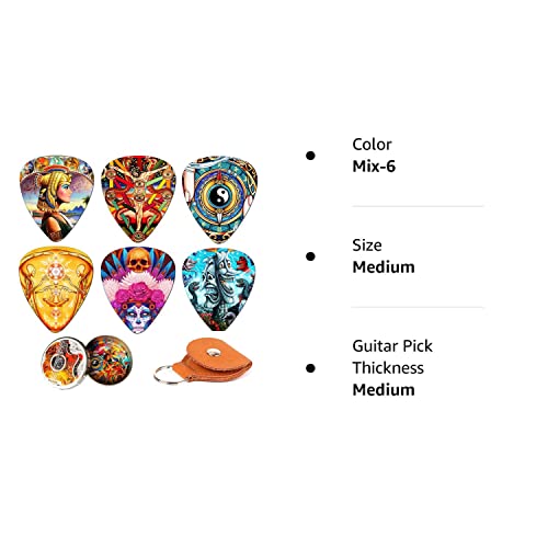 THIVENNY Guitar Picks 12 Medium Pack with Leather Picks Holder and Tin Box,Unique Artistic Celluloid Guitar Pick for Bass Electric Guitar Acoustic Guitar Lovers Gift (Mix-6) (1002-1)