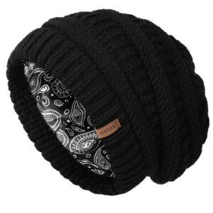 furtalk winter beanie for women satin lined warm knit skull slouch beanie hat (black-satin lining, one size)